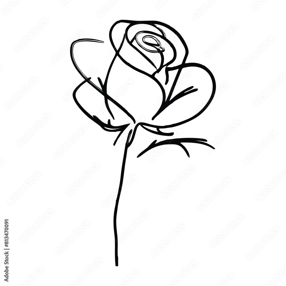 A minimalist, black single line drawing of a rose, white background ...