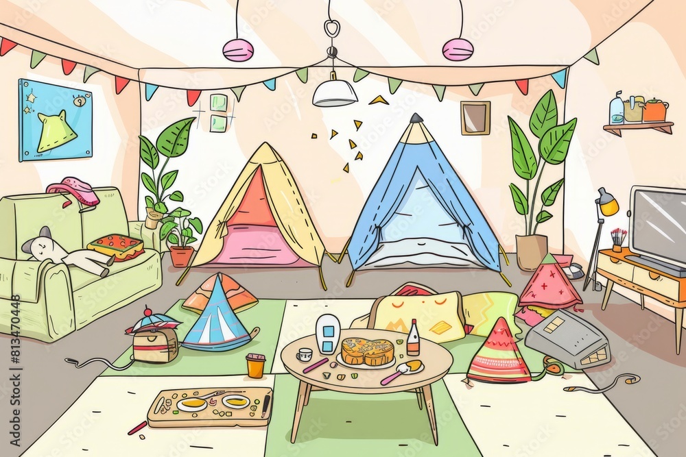 Cartoon cute doodles of a birthday sleepover with friends, with tents ...