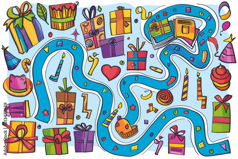 Cartoon cute doodles of a birthday treasure hunt, with clues hidden ...