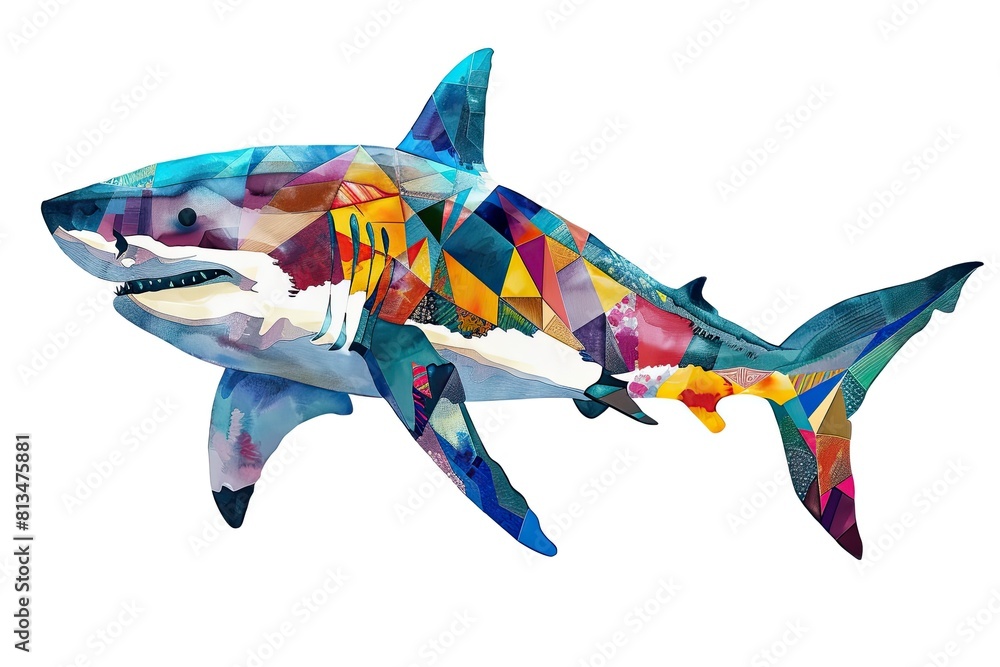 Cute Great white shark with colorful patchwork geometric pattern and ...