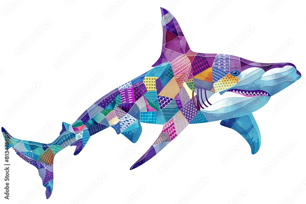 Cute Hammerhead shark with colorful patchwork geometric pattern and ...
