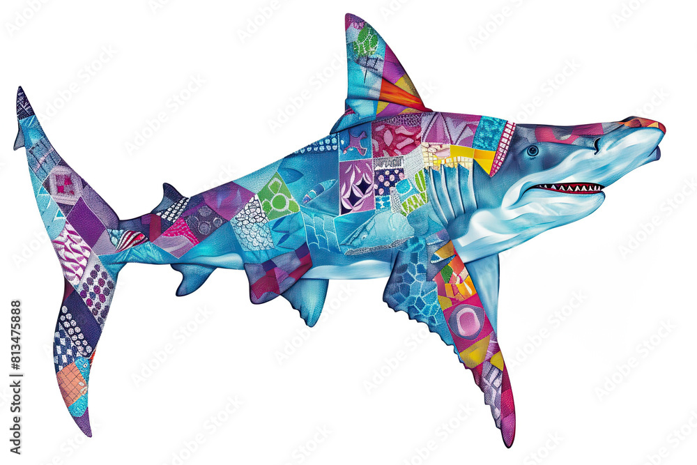 Cute Hammerhead shark with colorful patchwork geometric pattern and ...