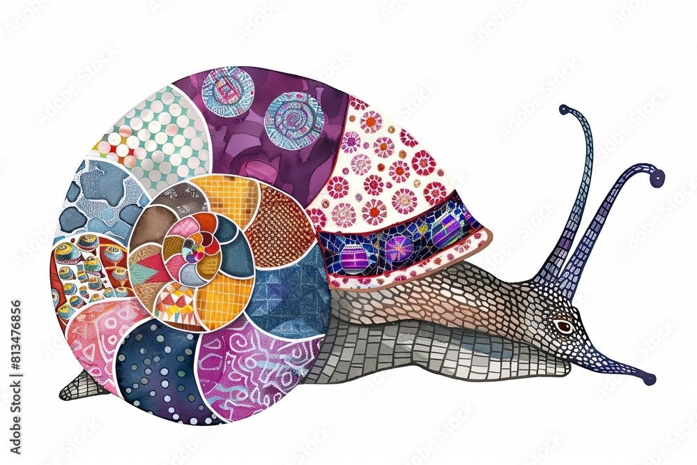 Cute Sea snail with colorful patchwork geometric pattern and abstract ...