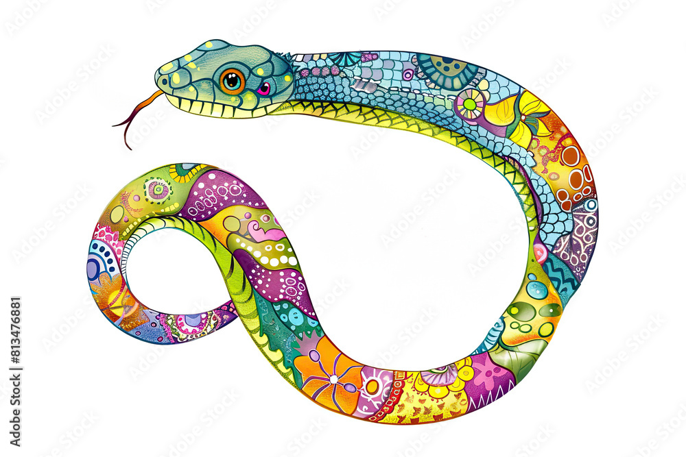 Cute Sea snake with colorful patchwork geometric pattern and abstract ...