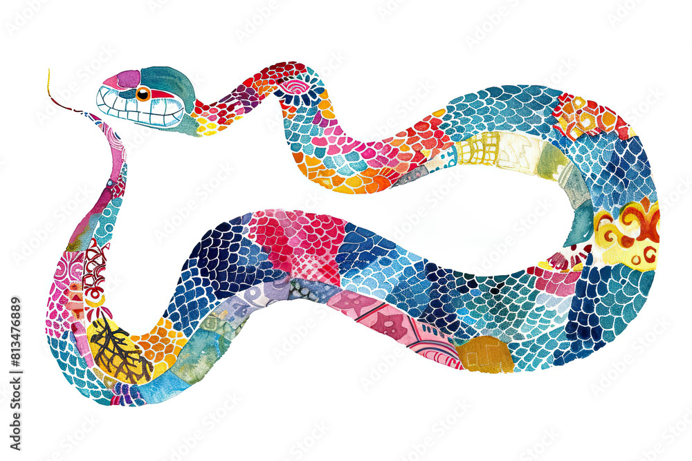 Cute Sea snake with colorful patchwork geometric pattern and abstract ...