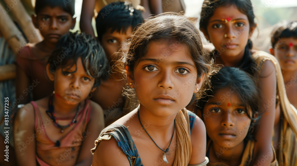 Group of Indian children, faces smeared with dirt, gather in narrow ...