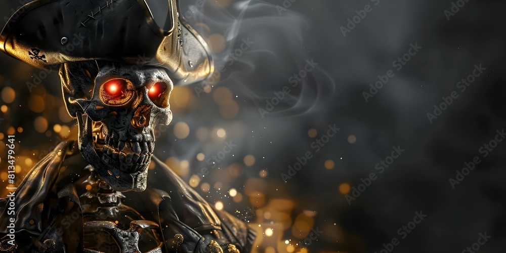 Skeleton pirate with eerie red eyes in the darkness. Concept Horror ...