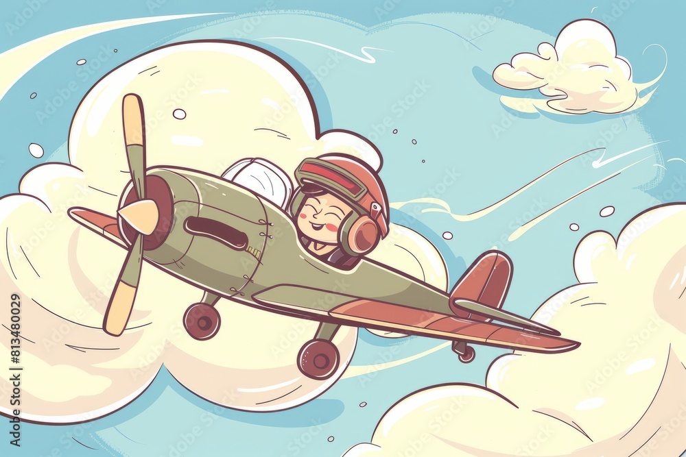 Cartoon cute doodles of a pilot flying a plane through the sky ...