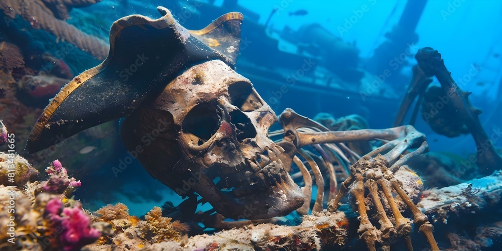 Welldressed pirate captains skeleton rests at ocean floor near ...