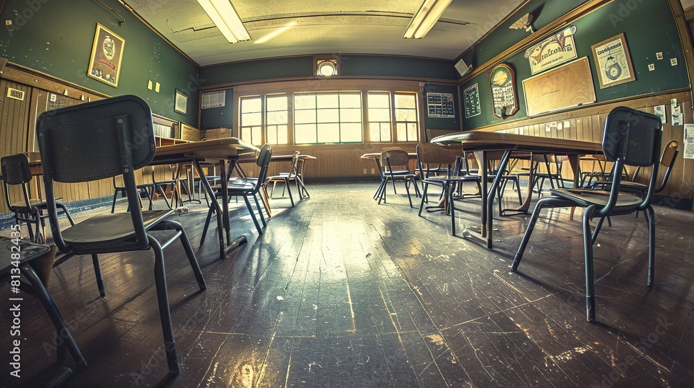 an empty classroom with green walls and a large window, featuring a mix ...