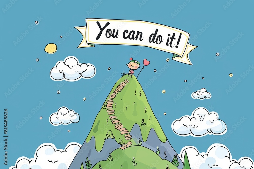 Cartoon cute doodles of a character reaching the mountain top with the ...