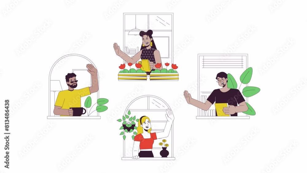 Friendly multiracial neighbors line 2D animation. Living together 4K ...