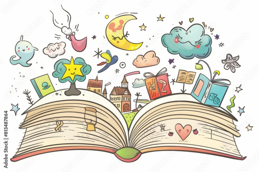 Cartoon cute doodles of a bedtime storybook with characters coming to ...