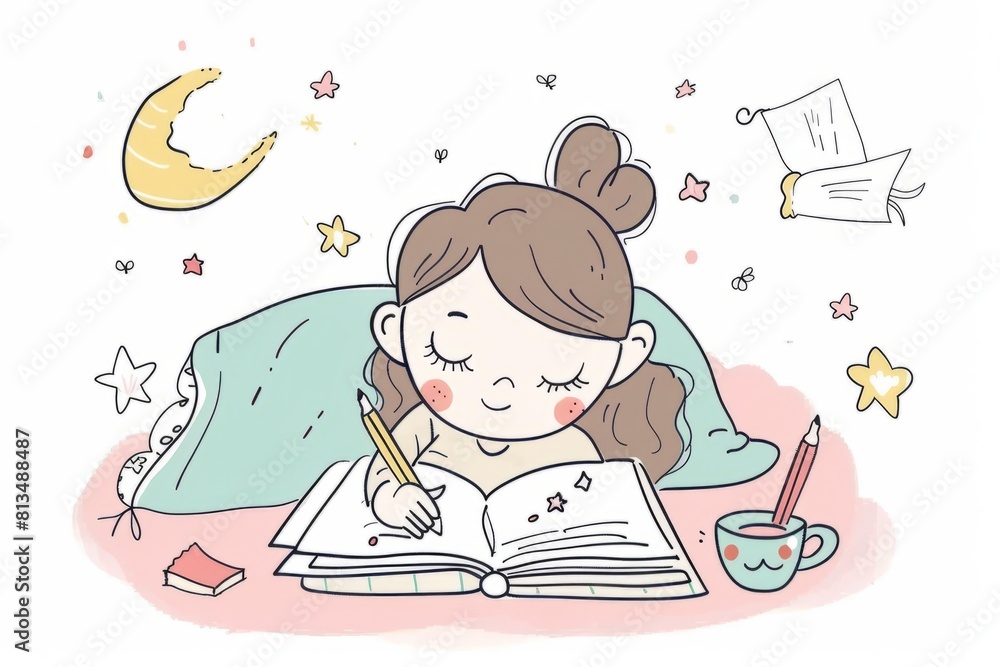 Cartoon cute doodles of a character writing in a gratitude journal ...