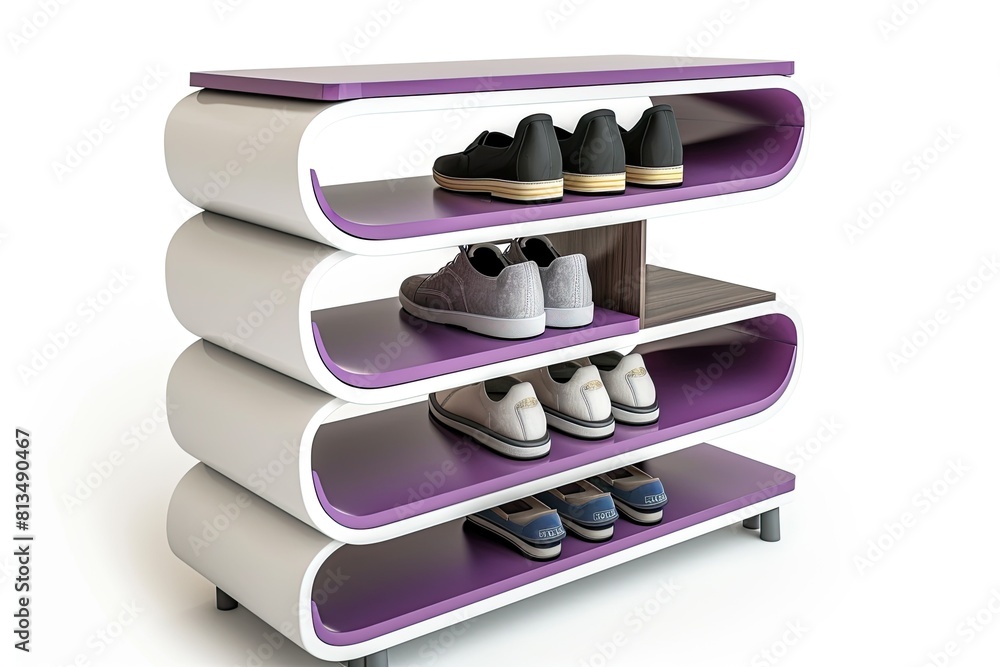 modern white and purple wooden shoe rack design isolated on white ...