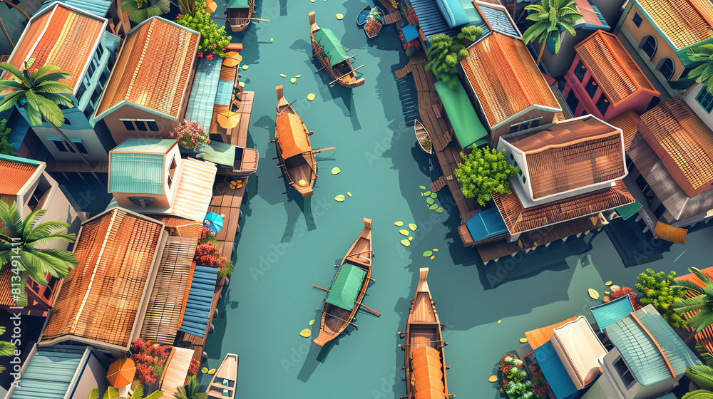 floating market flat design top view scenic canals theme 3D render ...