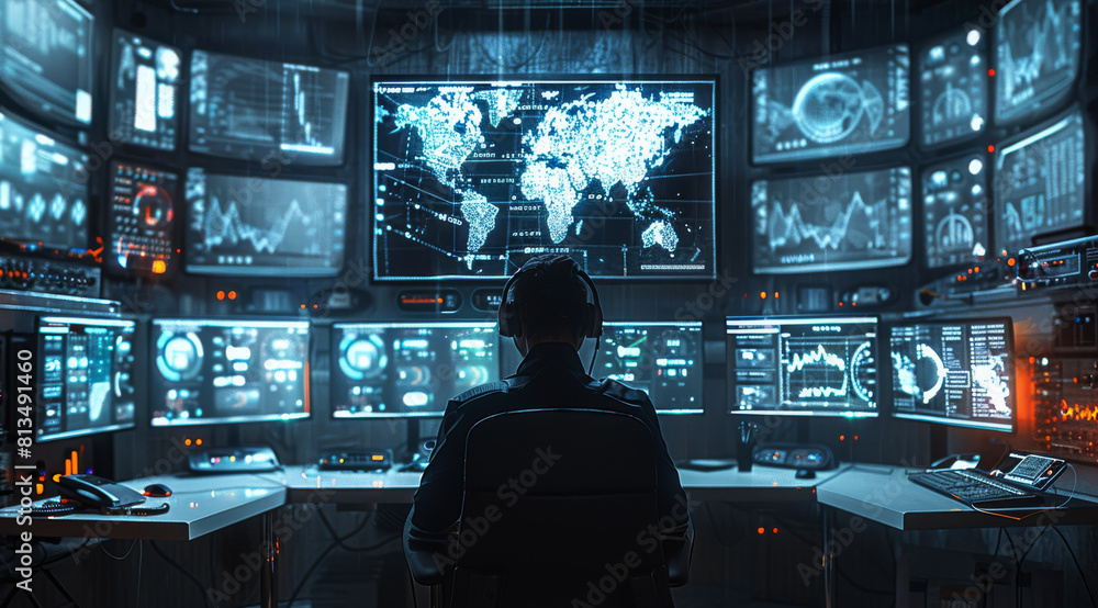 A control room, men in black headquarters with monitors and stuff ...