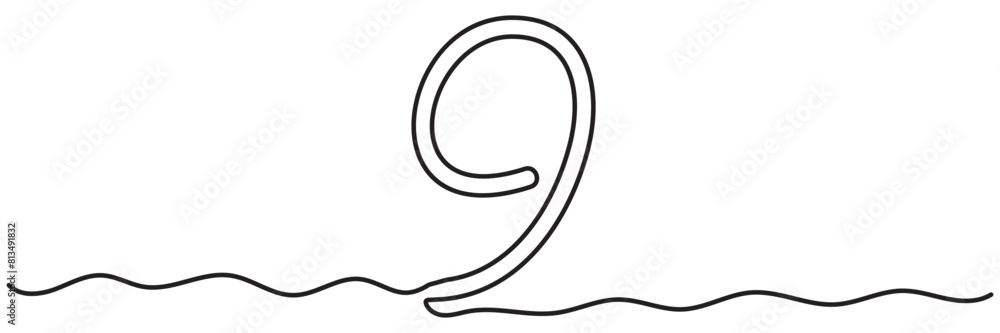 Number 9 line art silhouette. One line continuous outline vector ...