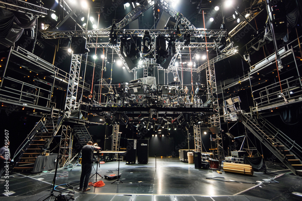 A Live stage production being built in a center stage type venue Stage ...