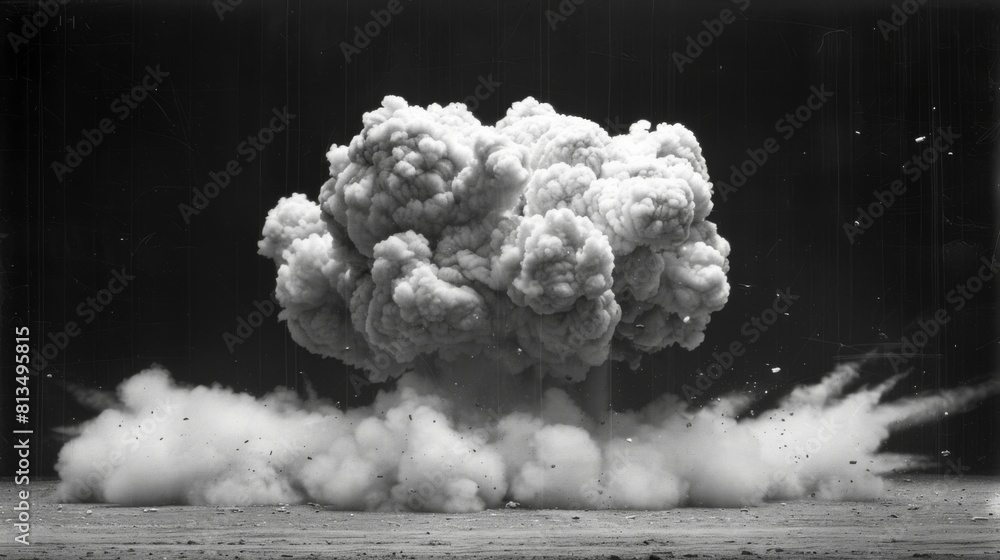 Monochrome depiction of an atomic bomb explosion, with a massive ...