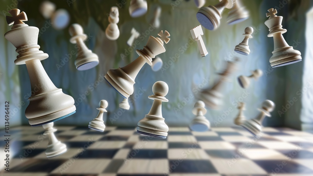 White chess pieces are floating in mid air above a chess board. Stock ...