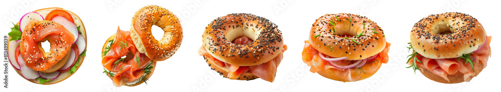 bagel and Lox with smoked salmon, spinach, red onions, cucumber slice ...