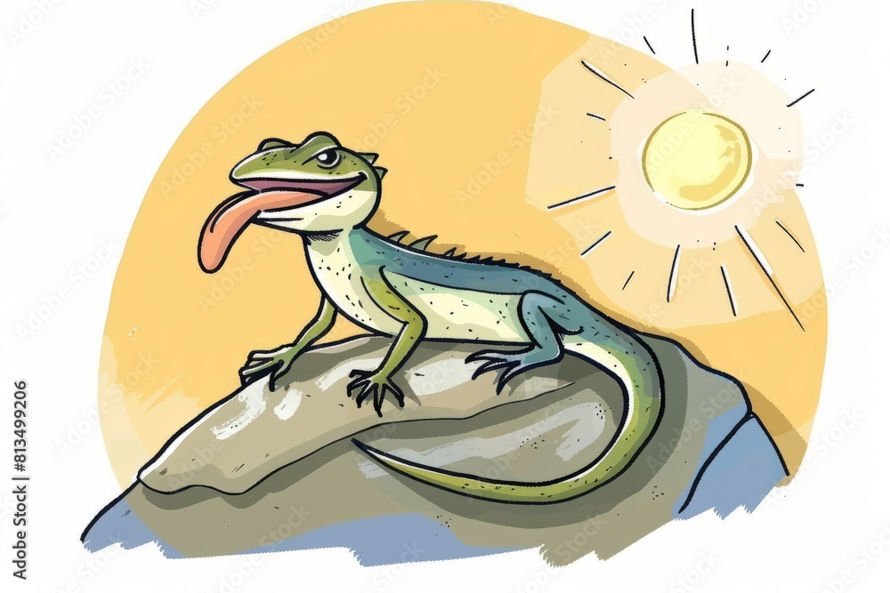 Cartoon cute doodles of a lizard basking on a sun-warmed rock, its ...