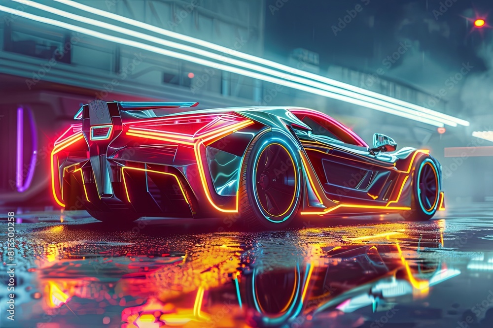 In this image, neon strips and accents trace the edges of the car's ...