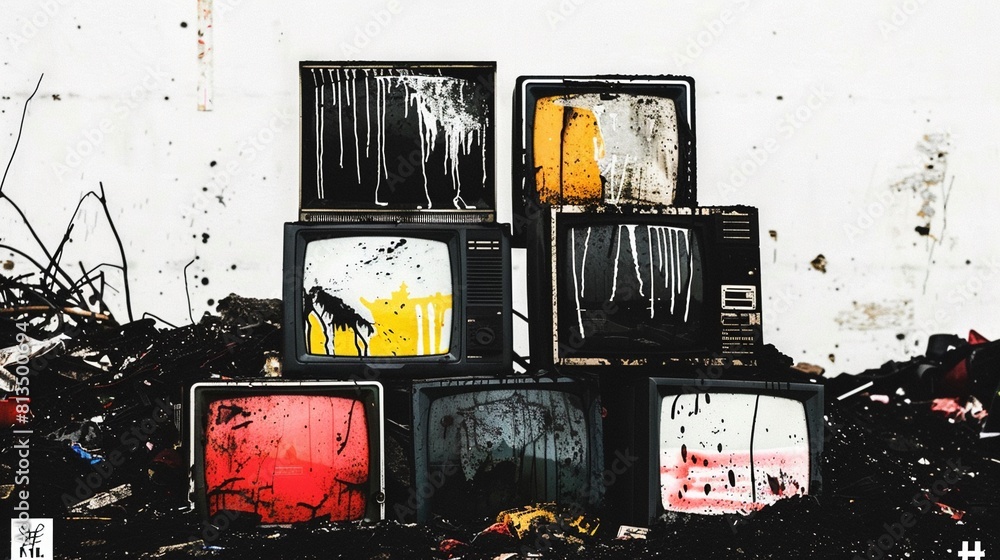 Discarded computer monitors stack up as a pile of garbage, highlighting ...