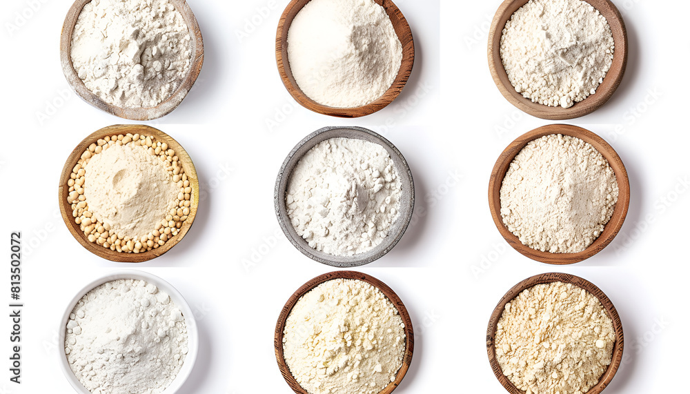 Different types of flour on white background, top and side views Stock ...