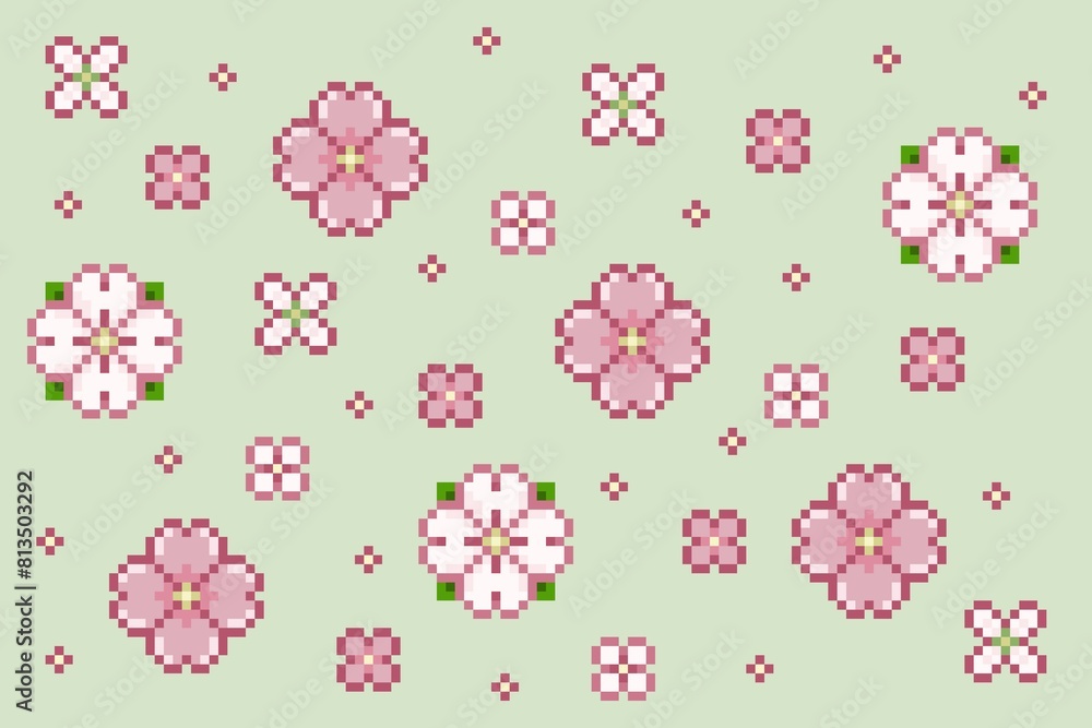 Pixel art of pink and white sakura flowers pattern with green ...