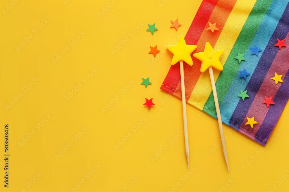 The flag on a stick and rainbow candy stars lay flat on a yellow ...