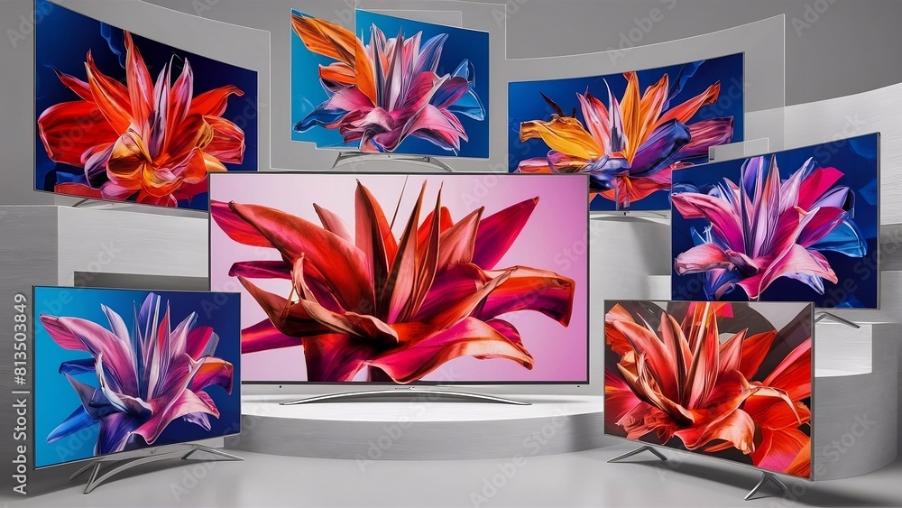 Modern television setup showcasing multiple screens with vibrant flower ...