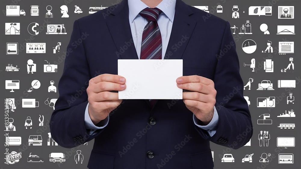 Businessmen and businesswomen in suits hold blank white note cards on a ...