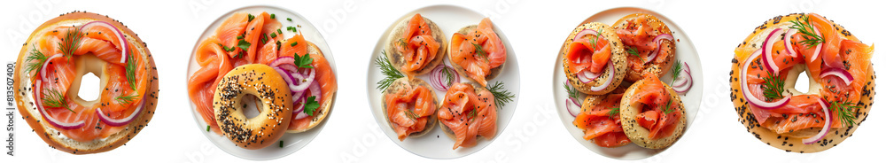 bagel and Lox with smoked salmon, spinach, red onions, cucumber slice ...