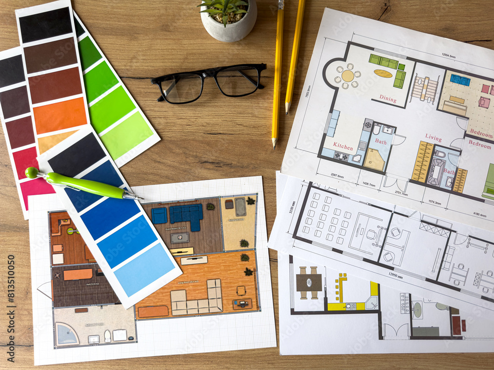 House plans, documents, technical drawings, blueprint drafts and color ...