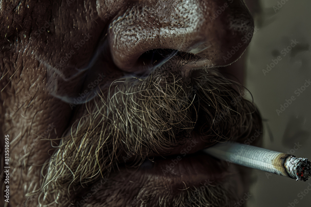 Close-up image of a man smoking a cigarette, focusing on his mouth and ...