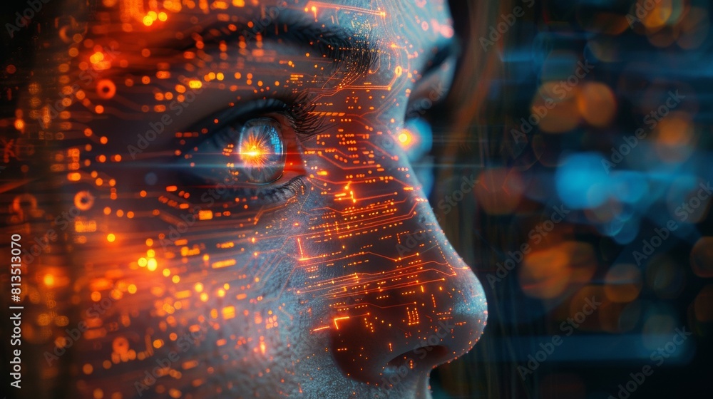 Female face and brain close up for futuristic neural network and AI ...