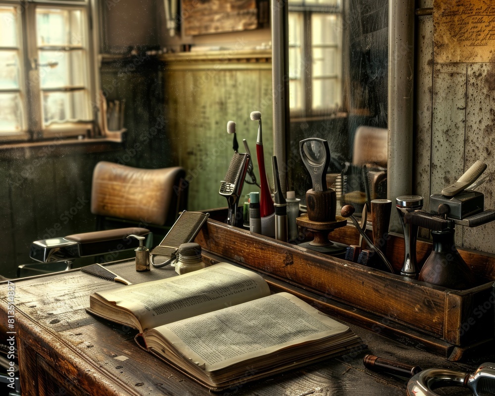 Classic vinyl records and an open Bible on an old record player merging ...