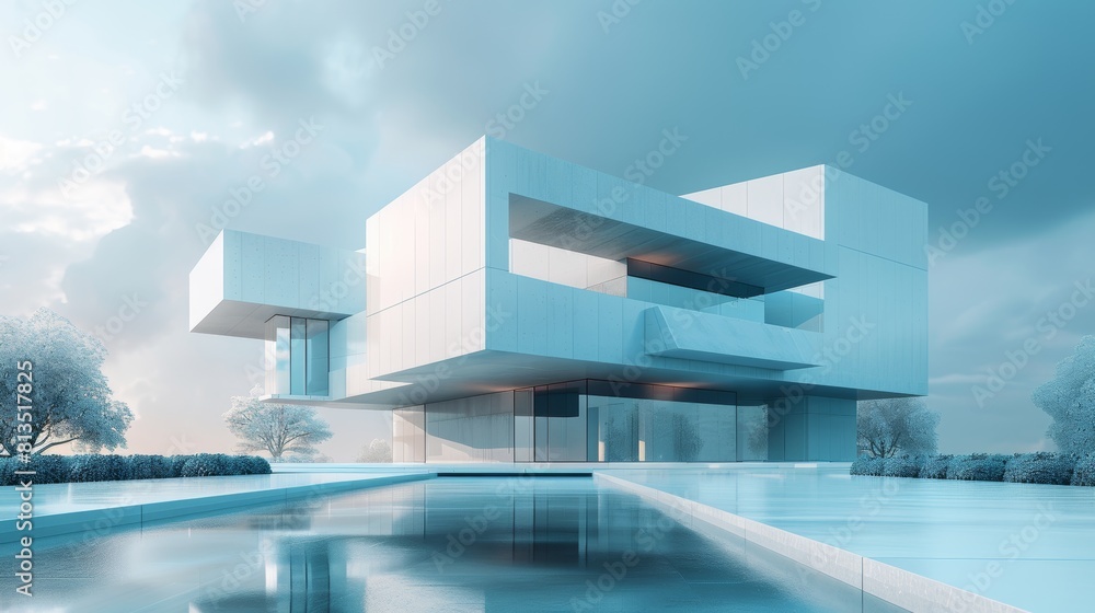 3D illustration of modern digital architecture, front view, sleek and ...
