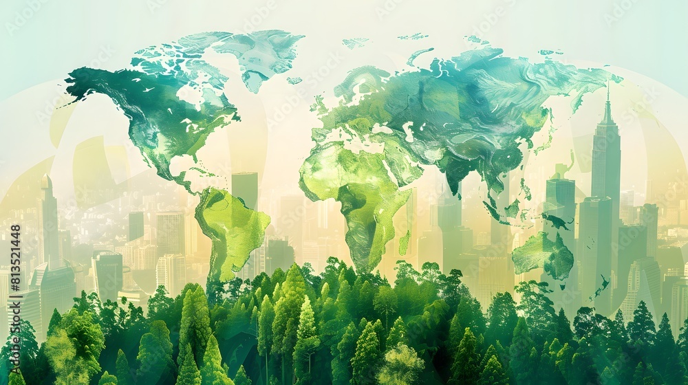 Green grassy background with a 3D world map illustration including ...
