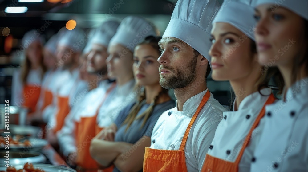 A big crowd of 100 chefs stand in a kitchen looking forward, gameshow ...