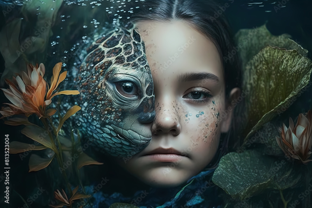 Human nature symbiosis Creative art portrait of a girl with turtle face ...
