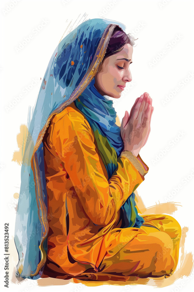 Indian woman praying, sikh prey. Traditional Indian orange saree outfit ...