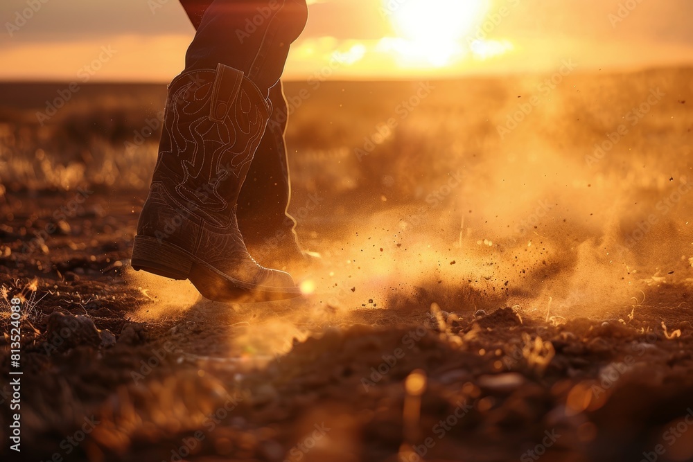 Cowboy boots kicking up dust in sunset light on a rural landscape Stock ...