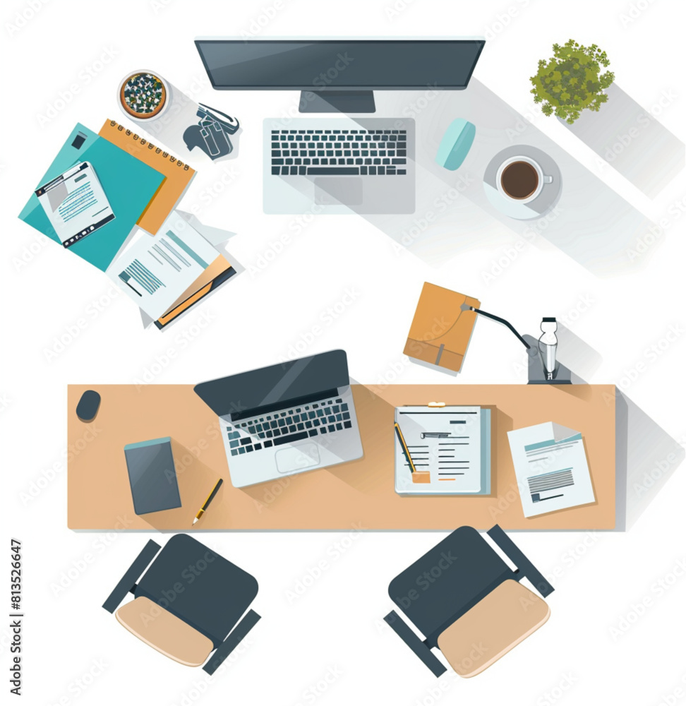 top view of a flat design vector illustration showing two work desks ...