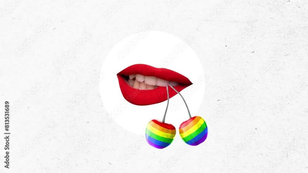 Stop motion. Animation. Mouth with two whole cherries painted in rainbow colors in it ...