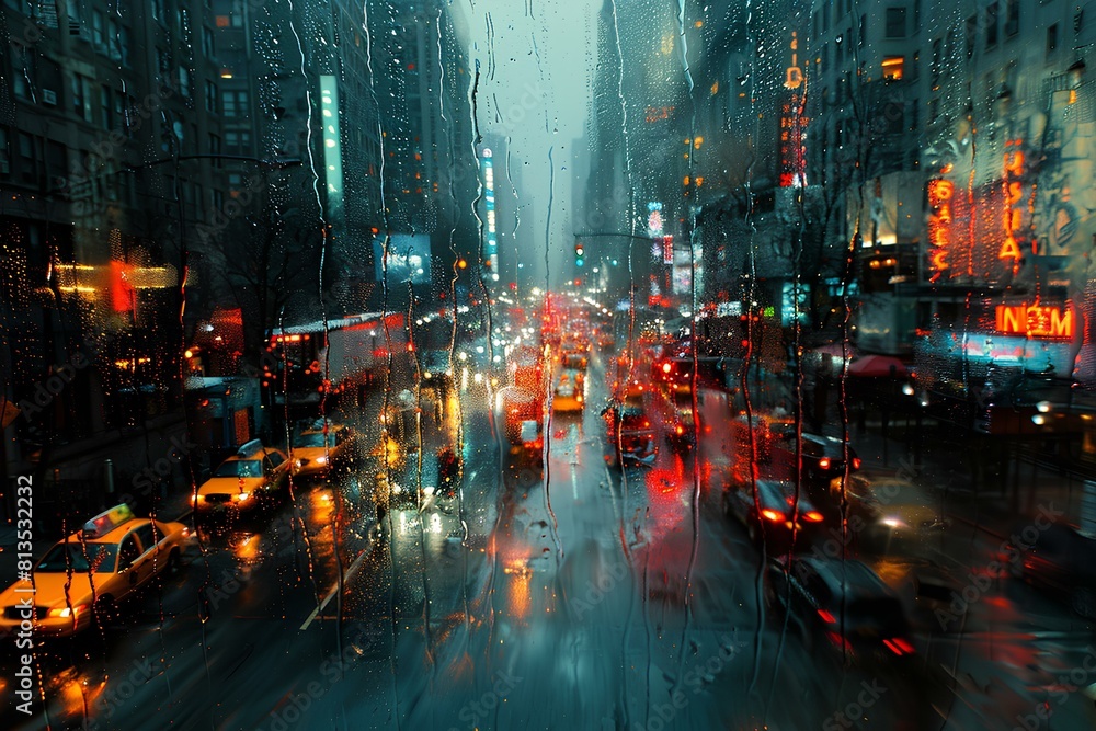 Rainy City Street View Through a Wet Window,View of a busy city street ...