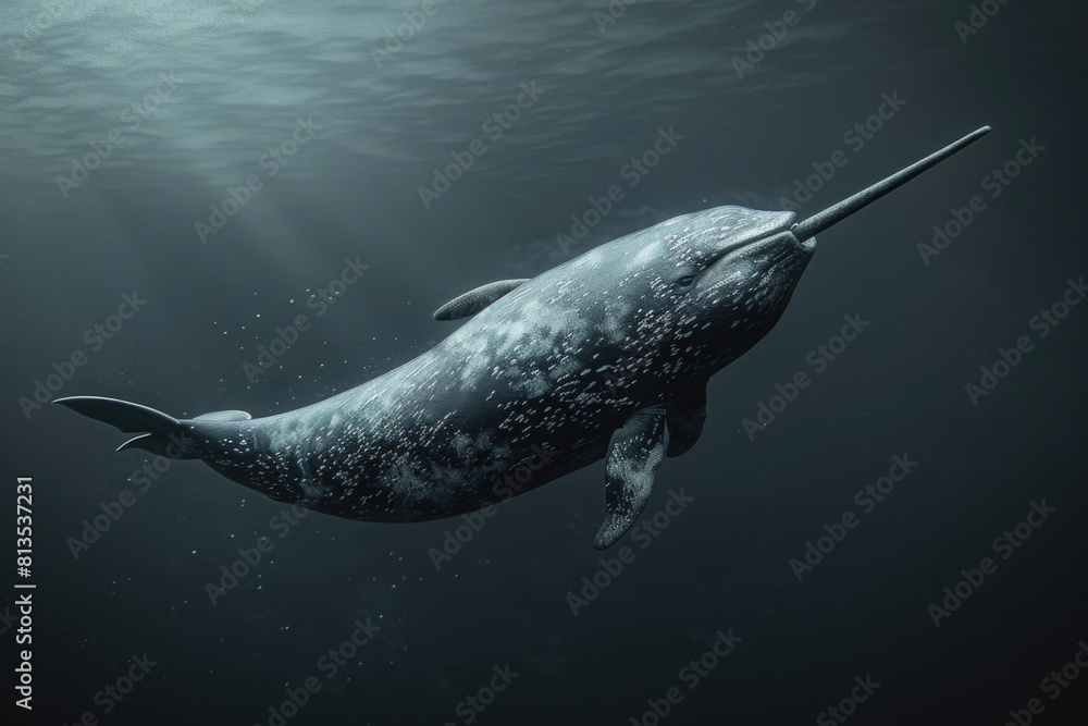 Majestic narwhal swimming gracefully in the deep ocean. Suitable for ...