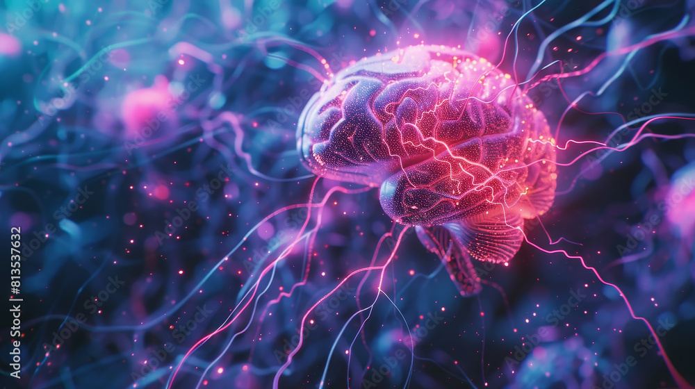 A stunning digital visualization of the human brain's neural network, illuminated with vibrant ...